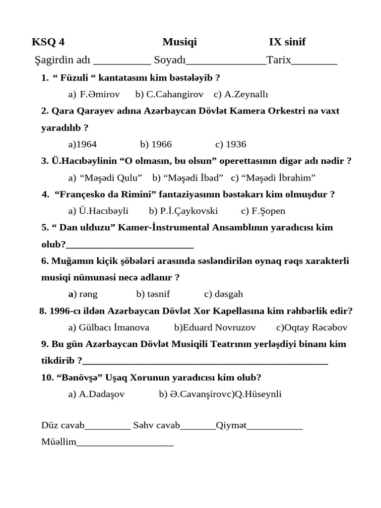 Musiqi KSQ 4 LER 5-6-7-8-9 Sinifler | PDF