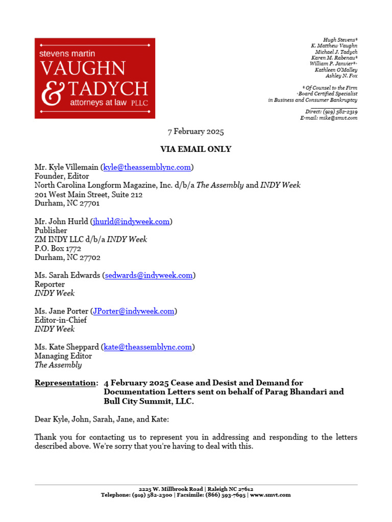 Engagement Letter The Assembly Indy Week K Sheppard S Edwards J Hurld J ...