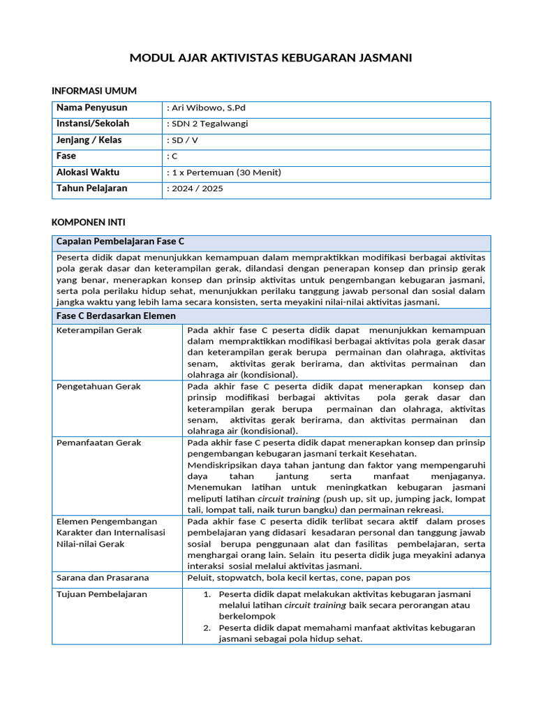 Modul Ajar Aktivistas Kebugaran Jasmani | PDF