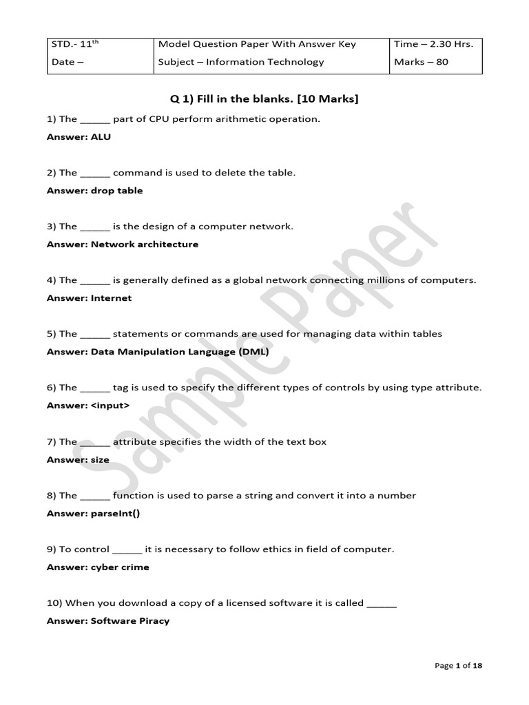 11 IT Model Question Paper For Annual Exam | PDF | Ip Address | Databases