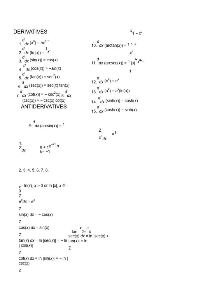 Antiderivatives Formulas | PDF | Trigonometric Functions | Combinatorics