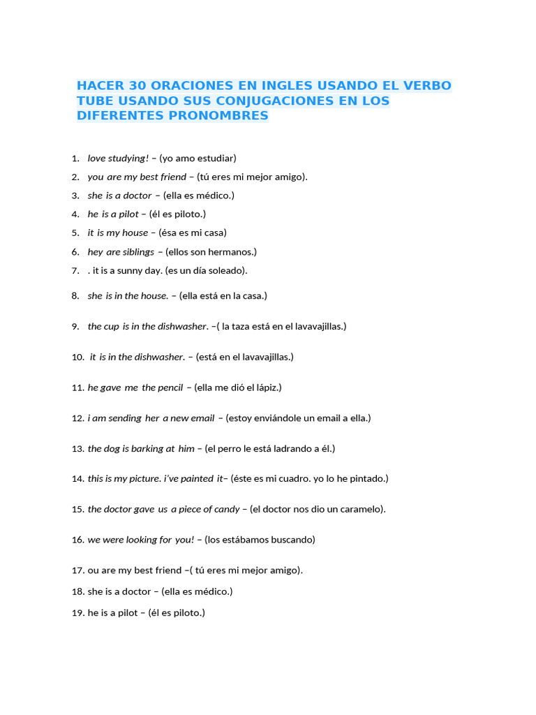 30 Oraciones en Inglés con "To Be" | PDF