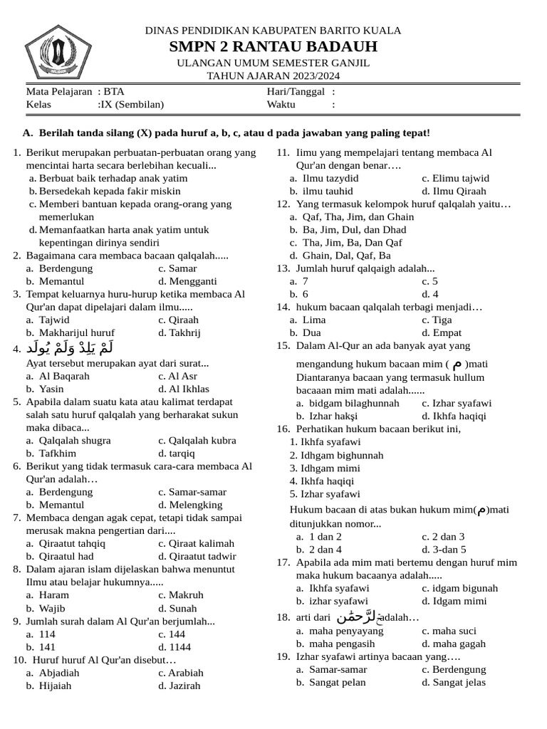 Soal Ujian Kelas IX BTA 2024 | PDF