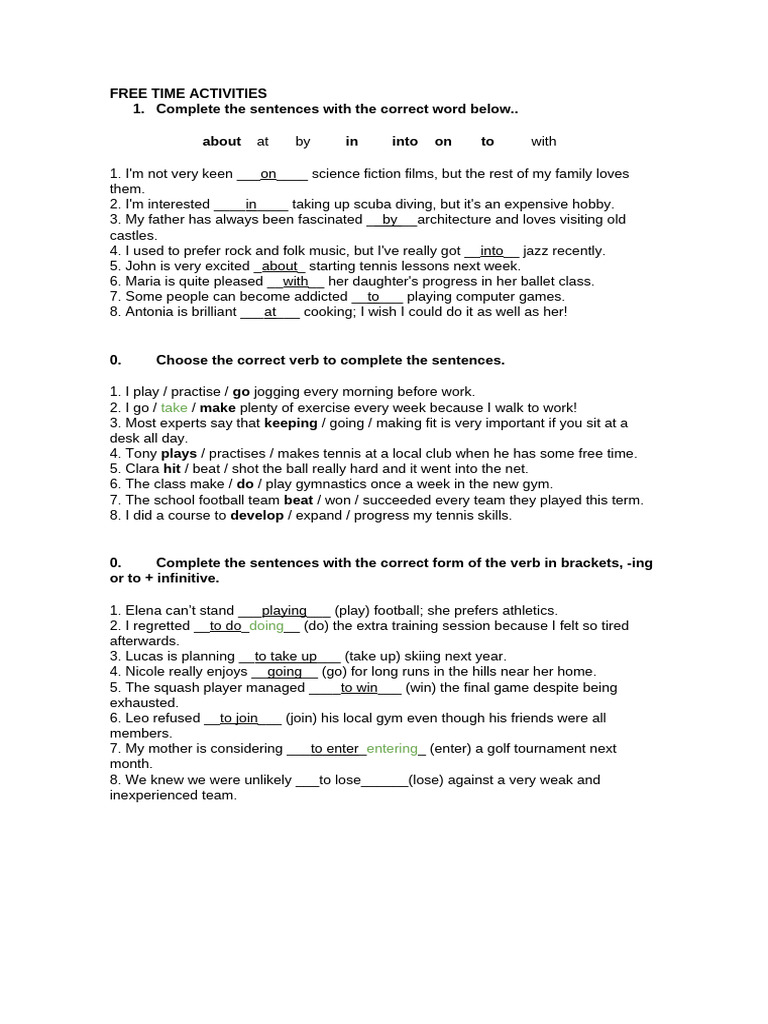 Free Time Activities and Exercises | PDF