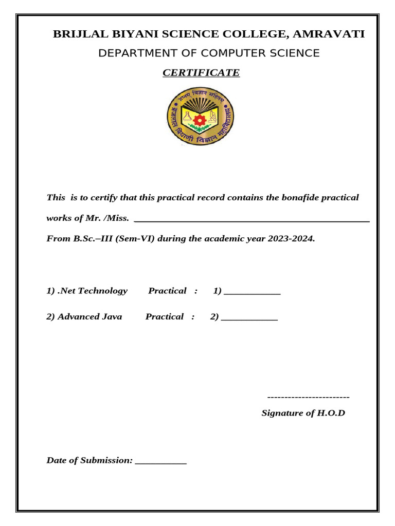 B.Sc. Computer Science Practical Certificate | PDF