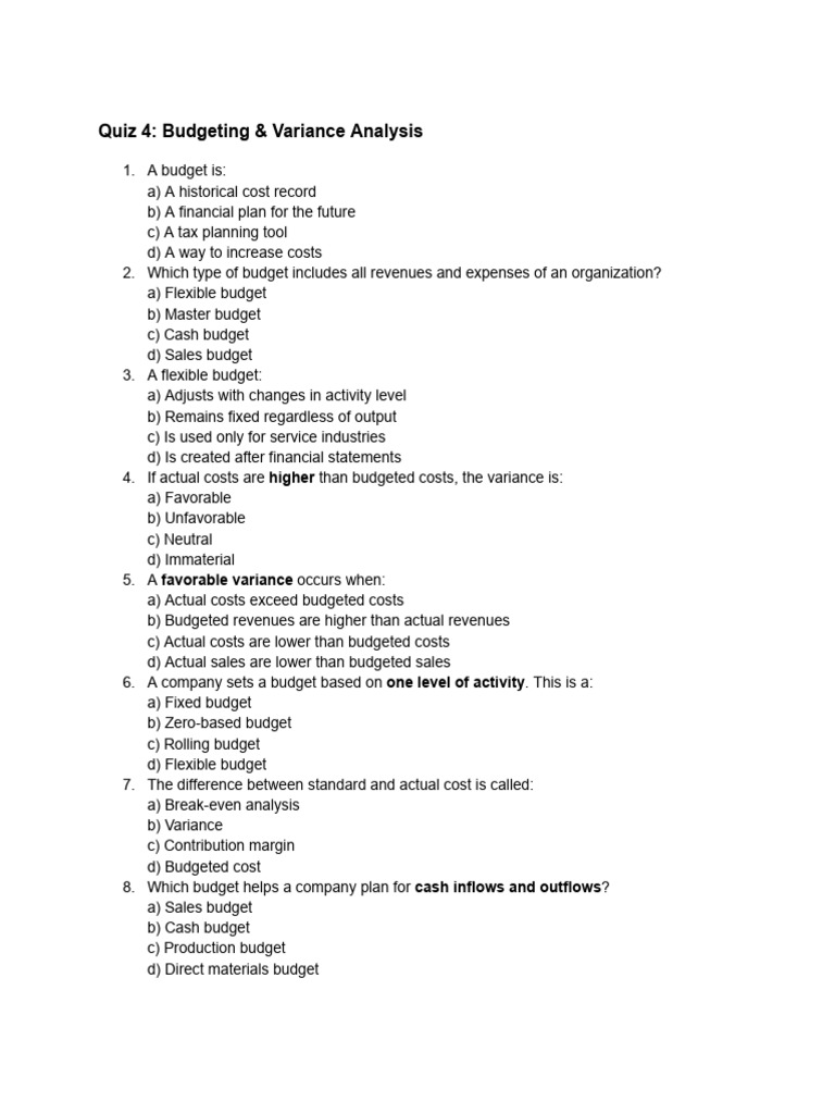 Budgeting & Variance Quiz | PDF
