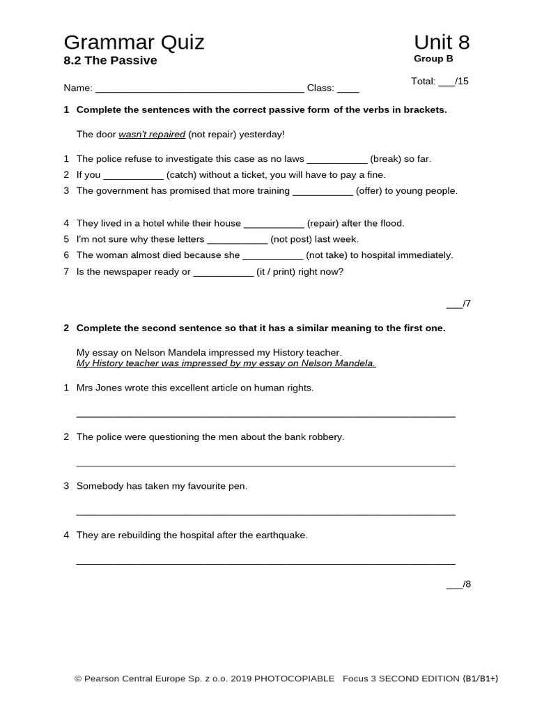 Focus3 2E Grammar Quiz Unit8.2 GroupB | PDF