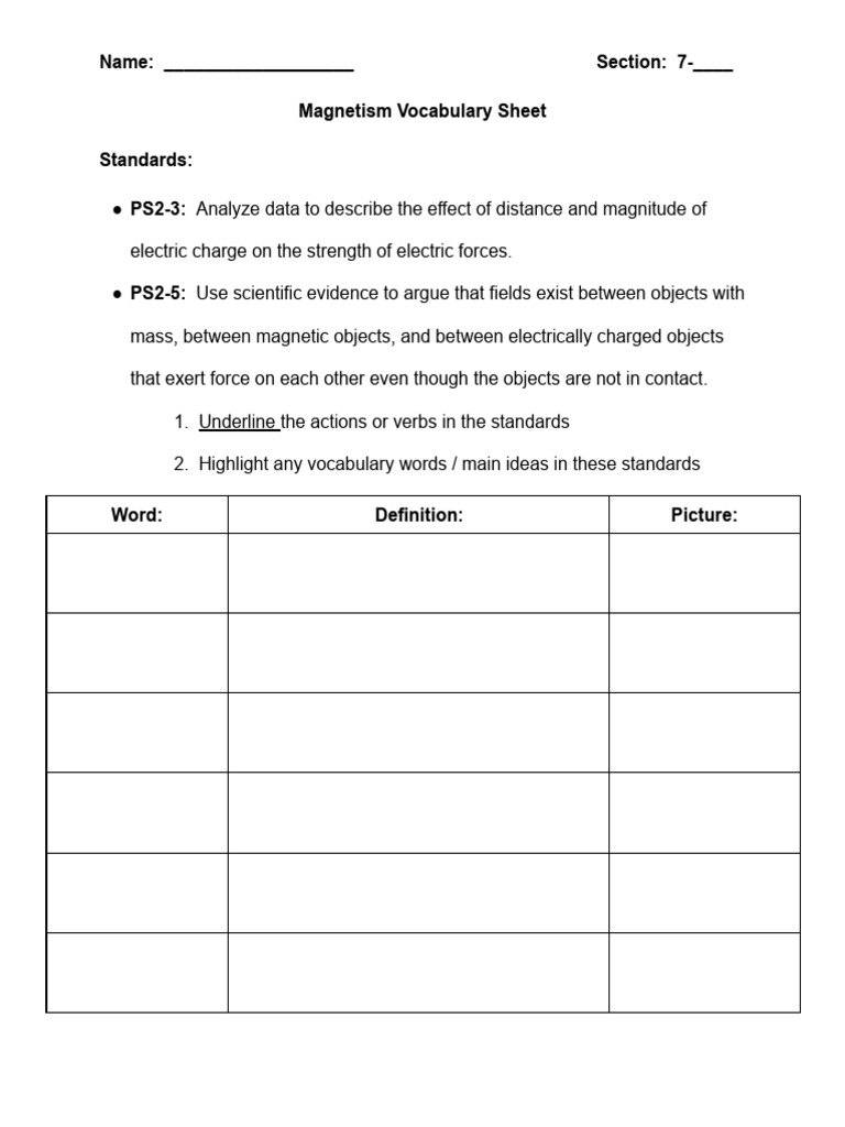 Magnetism Vocab Sheet | PDF