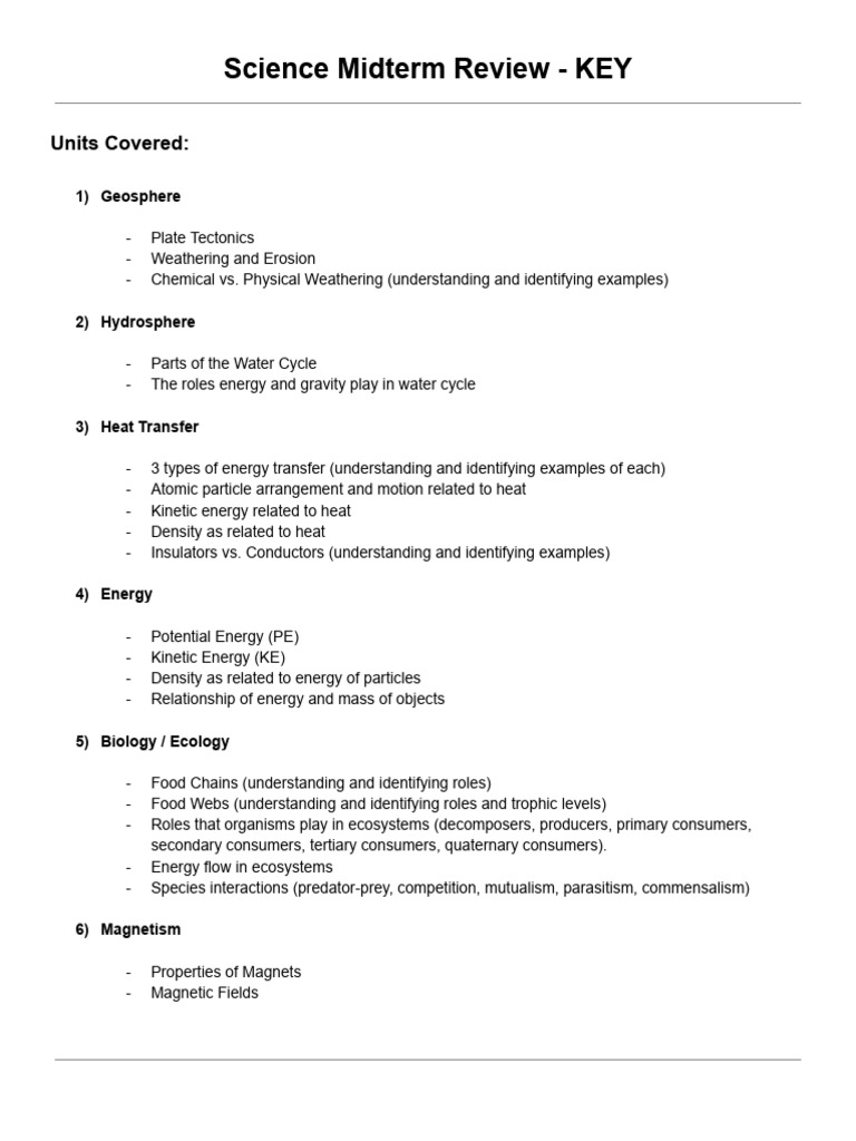 Science Midterm Review KEY | PDF | Food Web | Potential Energy