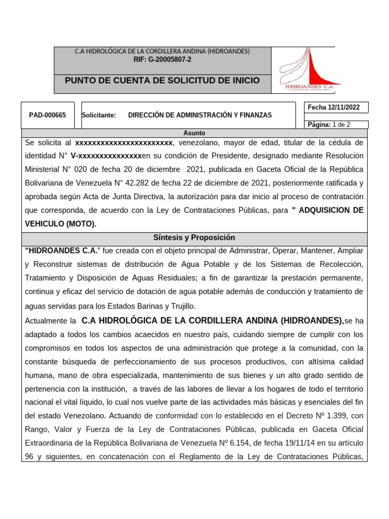 Modelo de Punto de Cuenta de Inicio para Contratacion Directa | PDF ...