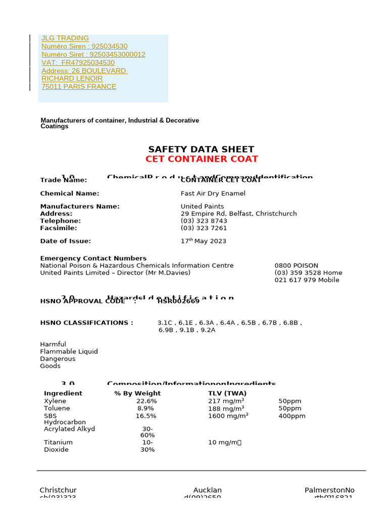 CET Container Coat Safety Data Sheet | PDF | Water | Firefighting