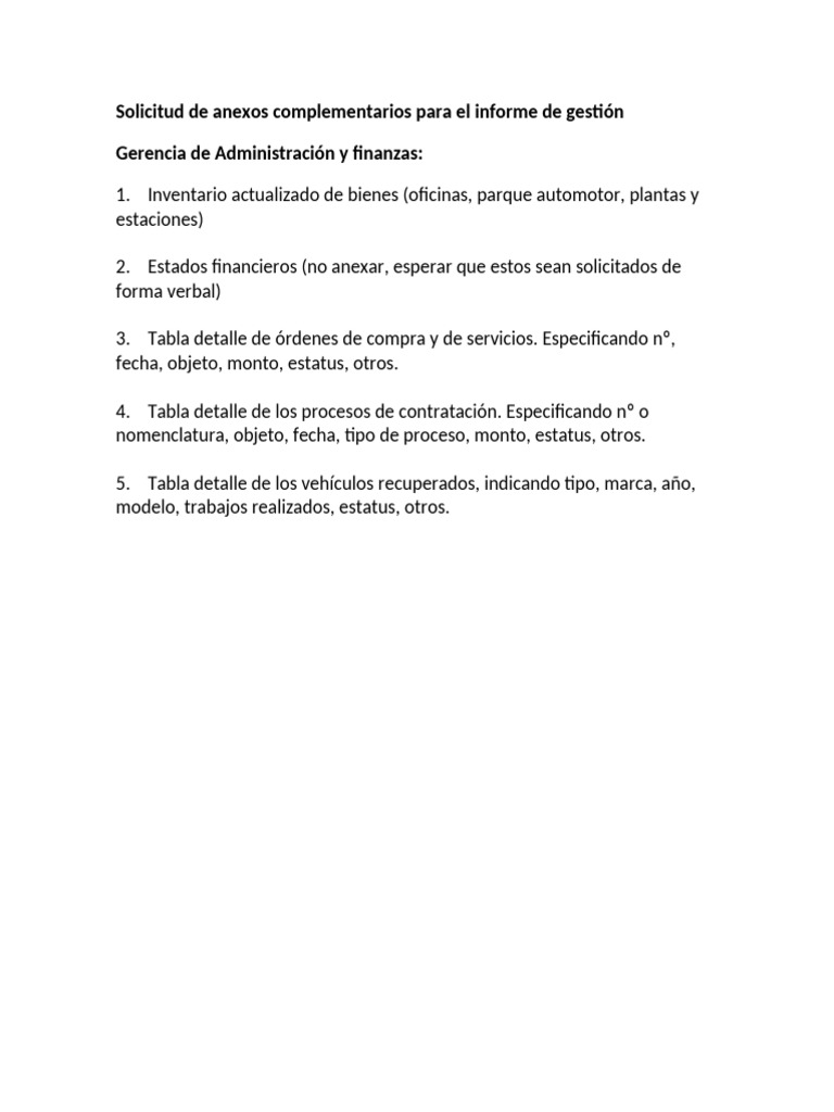 Solicitud de Anexos Complementarios Para El Informe de Gestión | PDF