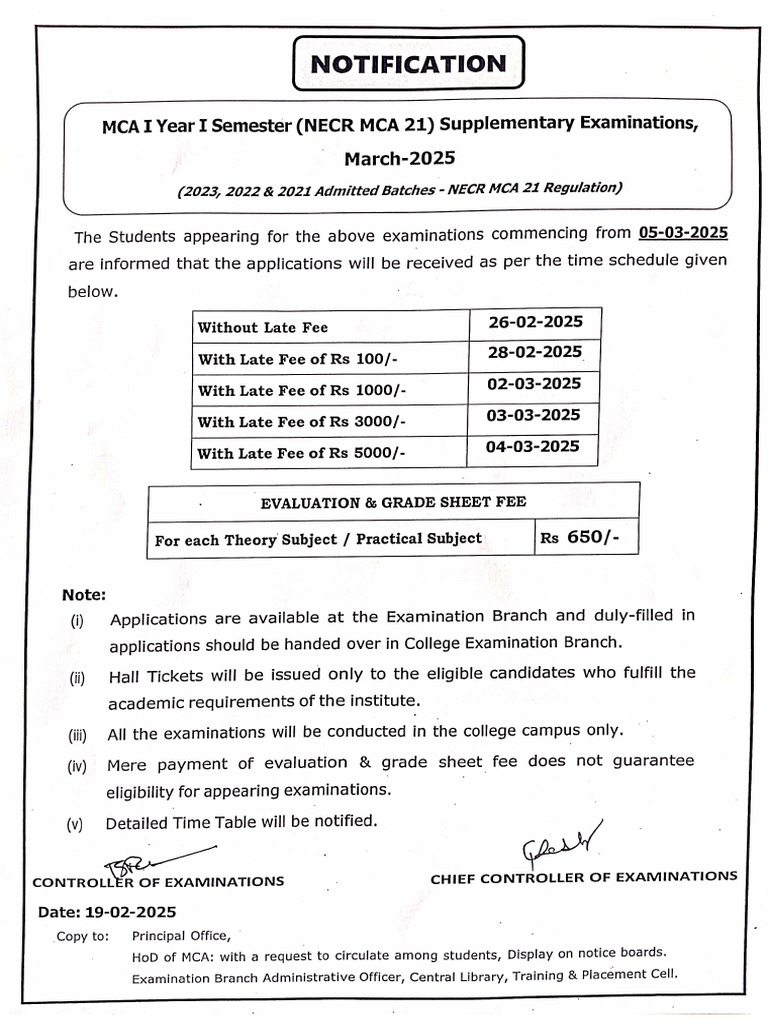 MCA All Semesters Supplementary Examinations Notification For | PDF
