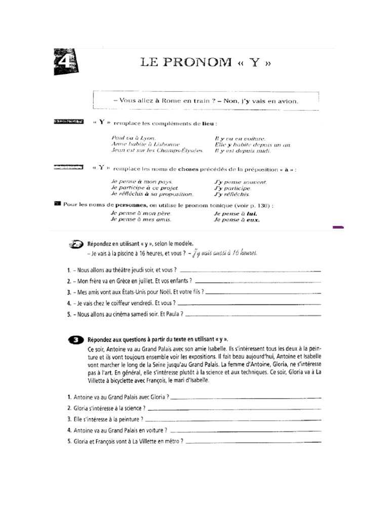 Devoir Du Pronom Y Pdf