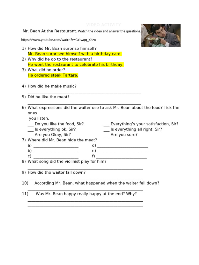 Mr. Bean's Restaurant Birthday Surprise | PDF