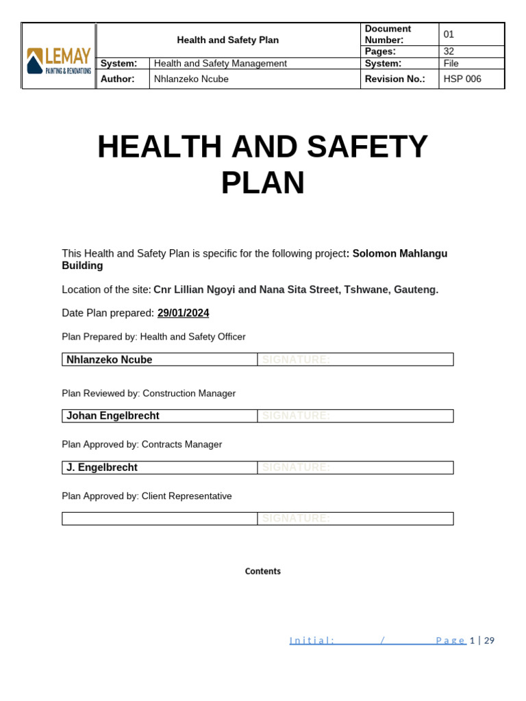Solomon Mahlangu Building Safety Plan | PDF | Occupational Safety And ...