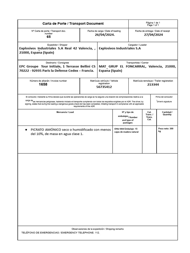 Carta de Porte ADR en Blanco | PDF | Materiales | Sector secundario de ...