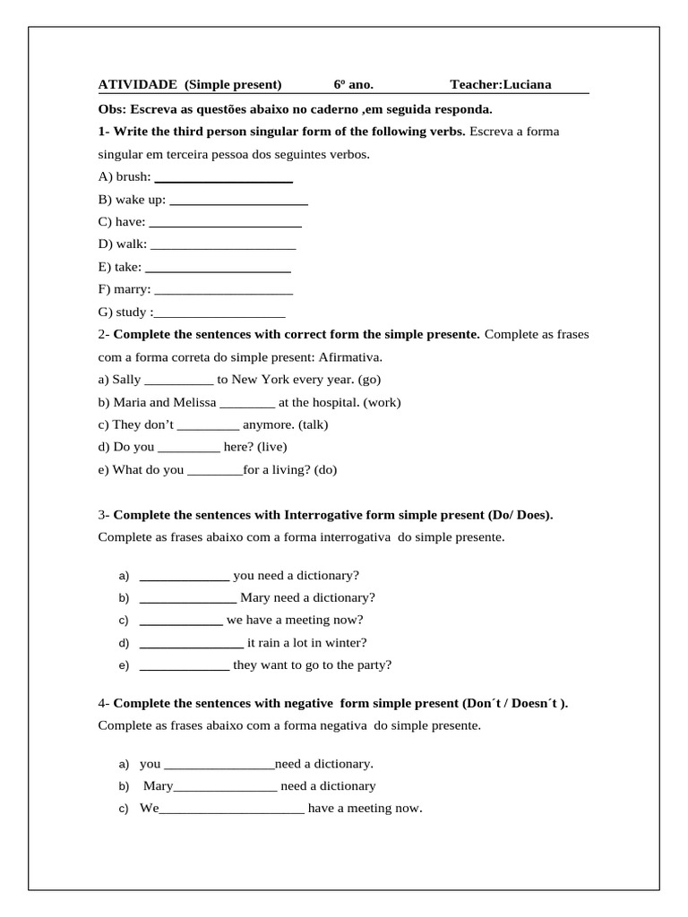 ATIVIDADE Simple Present 6º Ano | PDF