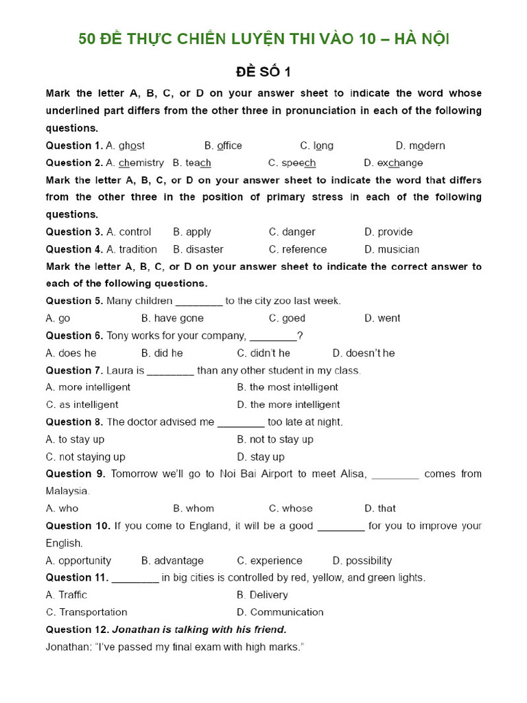 50 Đề Thực Chiến Luyện Thi Tiếng Anh Vào 10 BVV | PDF