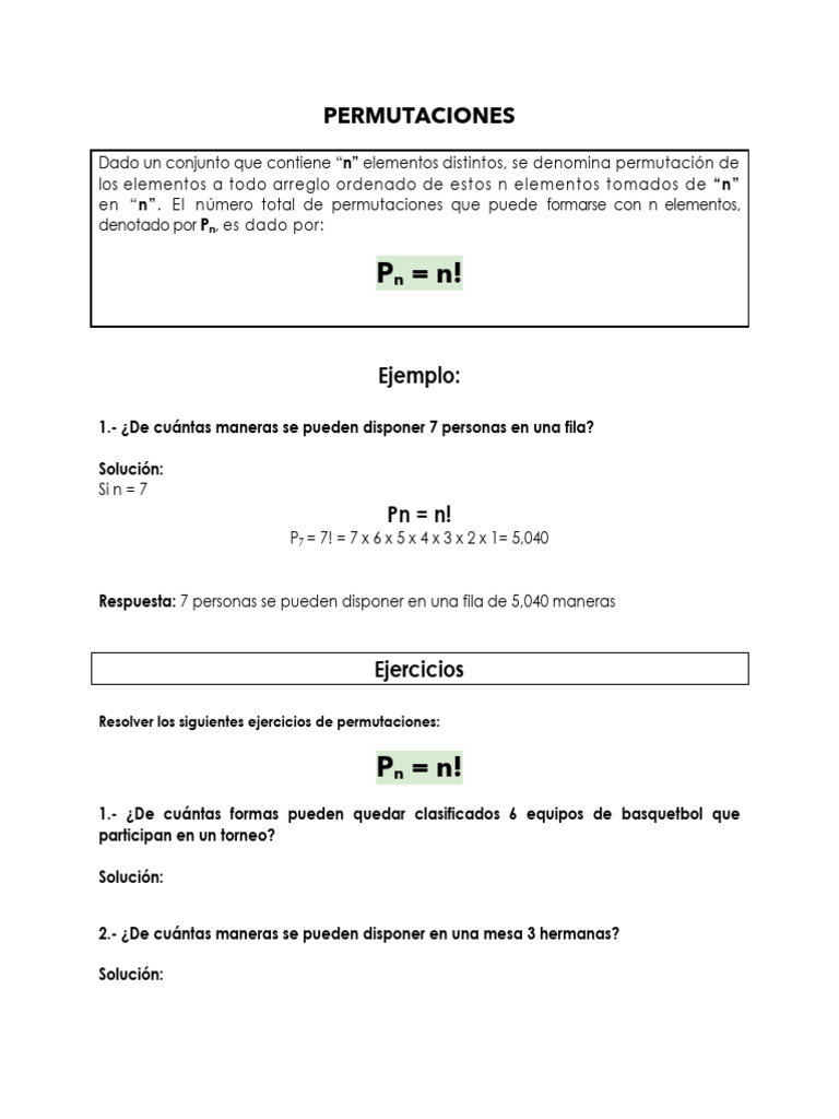 Ejercicios Permutaciones y Conbinaciones | PDF | Permutación