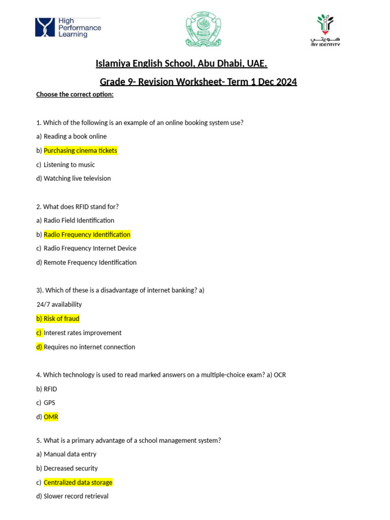 Grade 9 ICT Revision Worksheet | PDF | Banks | Online Banking