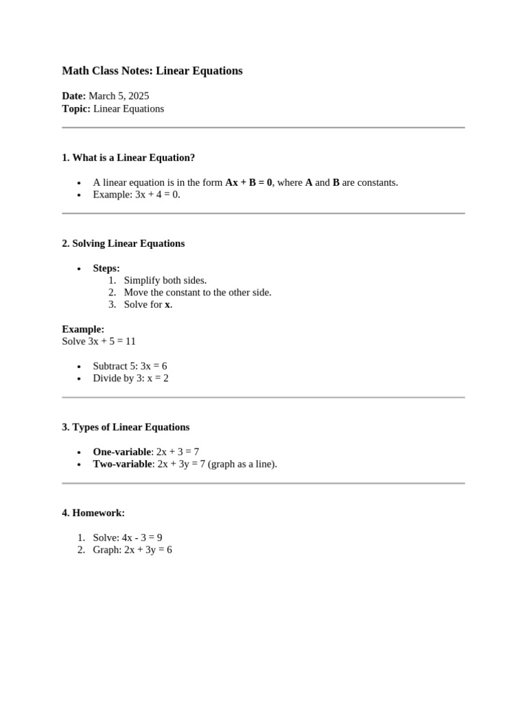 Math Class Notes Linear Equations Part 10 | PDF