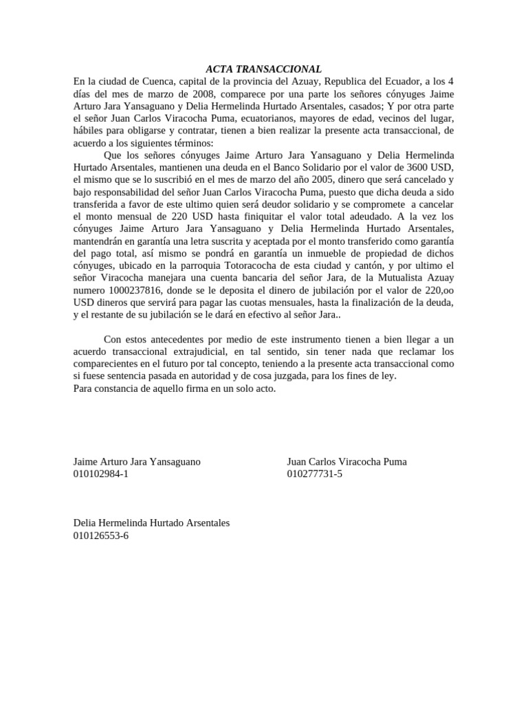 Acta Transaccional de Deuda en Cuenca | PDF
