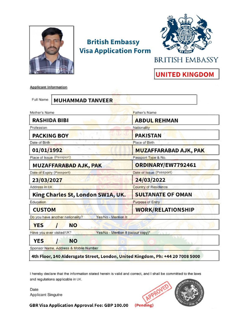 British Consulate Work Permit Approval Application Form Mr. MUHAMMAD ...