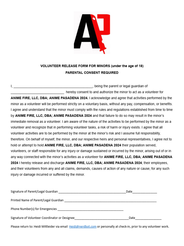 Ap2024 Volunteer Release Form For Minors | PDF