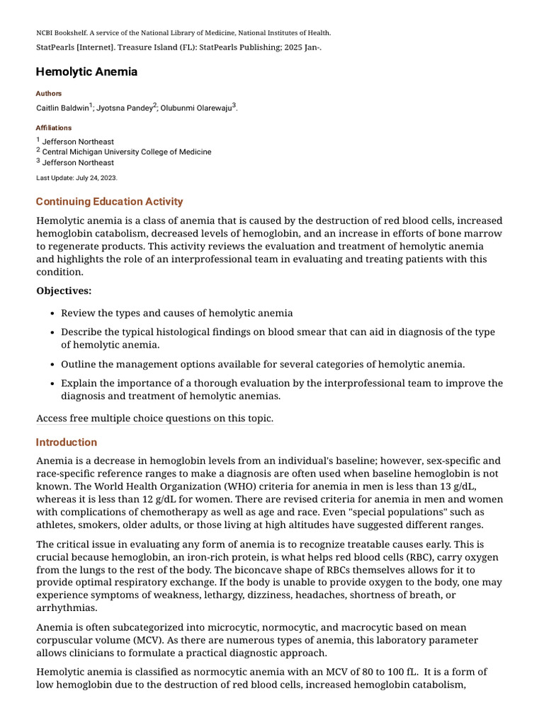 Hemolytic Anemia - StatPearls - NCBI Bookshelf | PDF | Anemia | Red ...