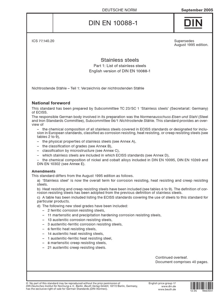Stainless Steels: DIN EN 10088-1 Overview | PDF | Steel | Stainless Steel