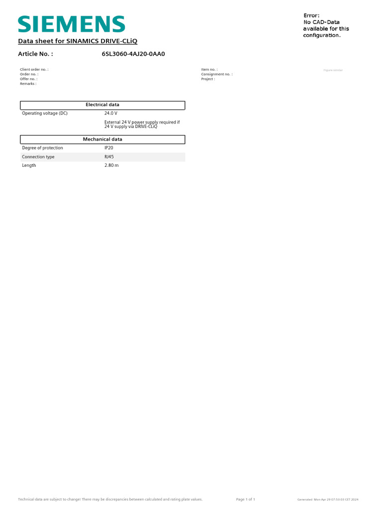 SINAMICS DRIVE-CLiQ Data Sheet | PDF