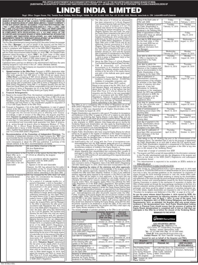 Linde India Limited - Pre-Offer Ad - P | PDF | Stocks | Mergers And ...