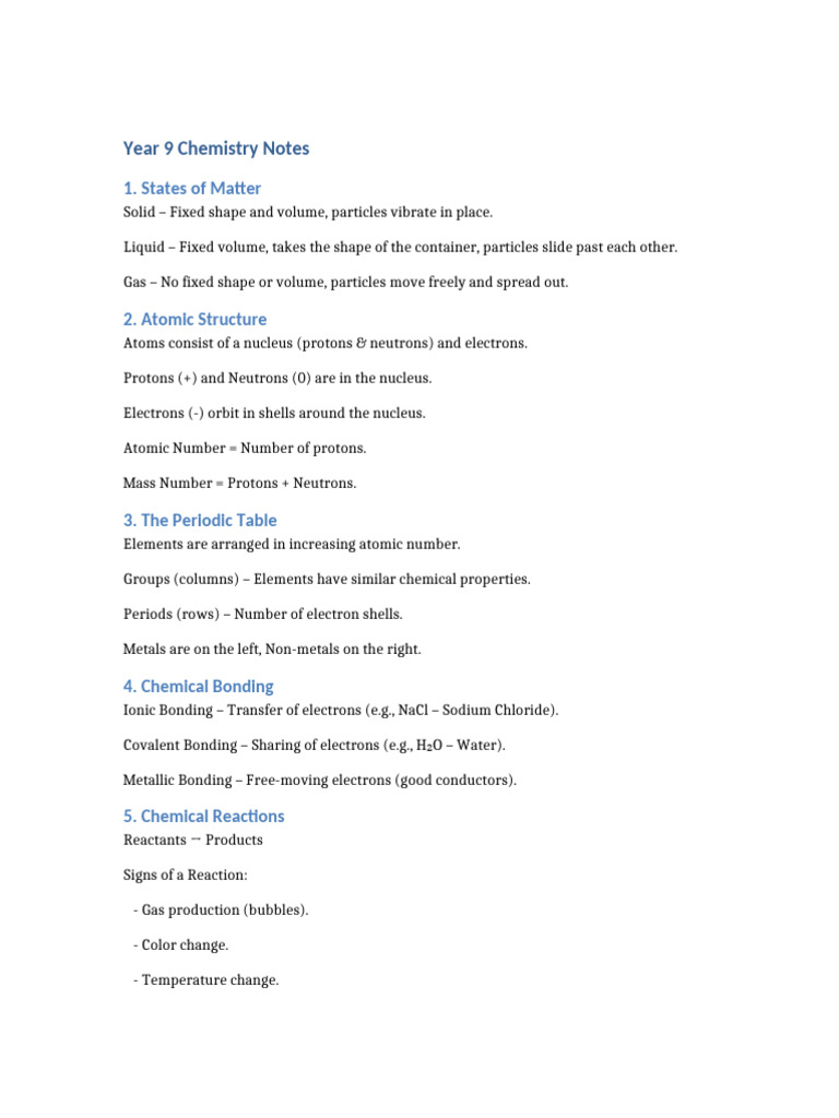 Year 9 Chemistry Study Guide | PDF