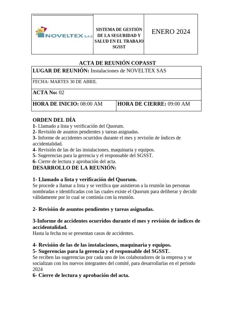 Acta de Reunión Copasst | PDF