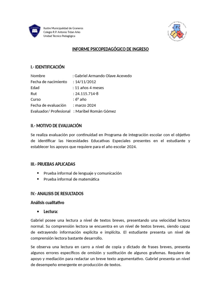 Informe Psicopedagogico | PDF | Autismo | Comunicación