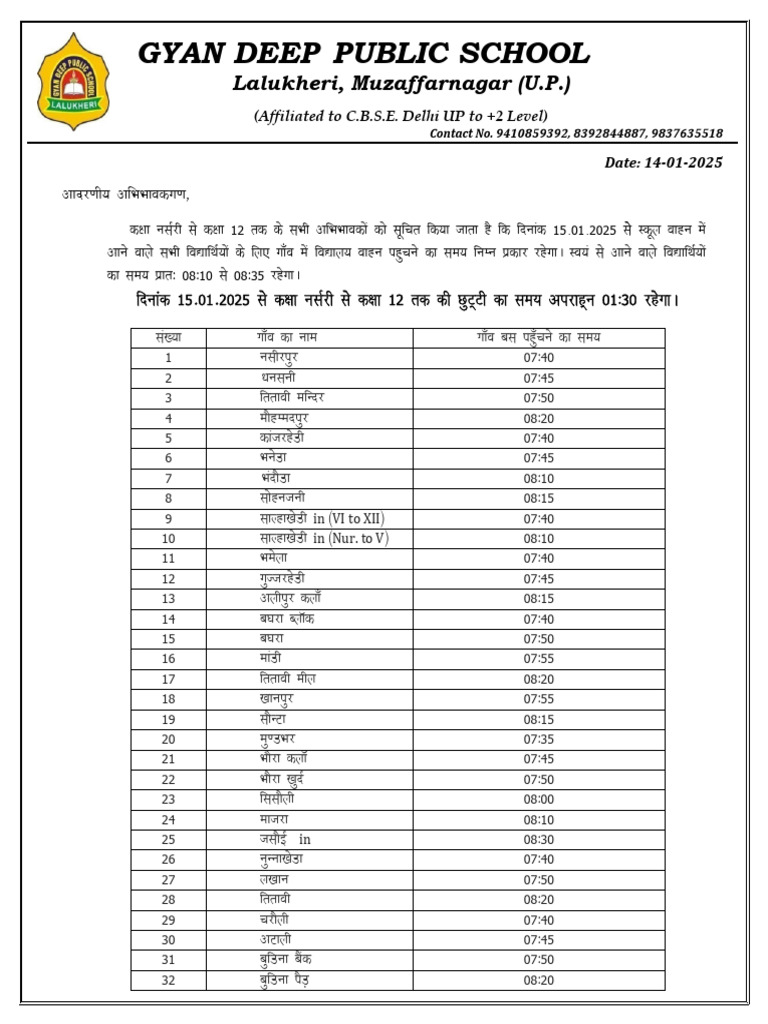 Bus Route Time 14-01-2025 | PDF