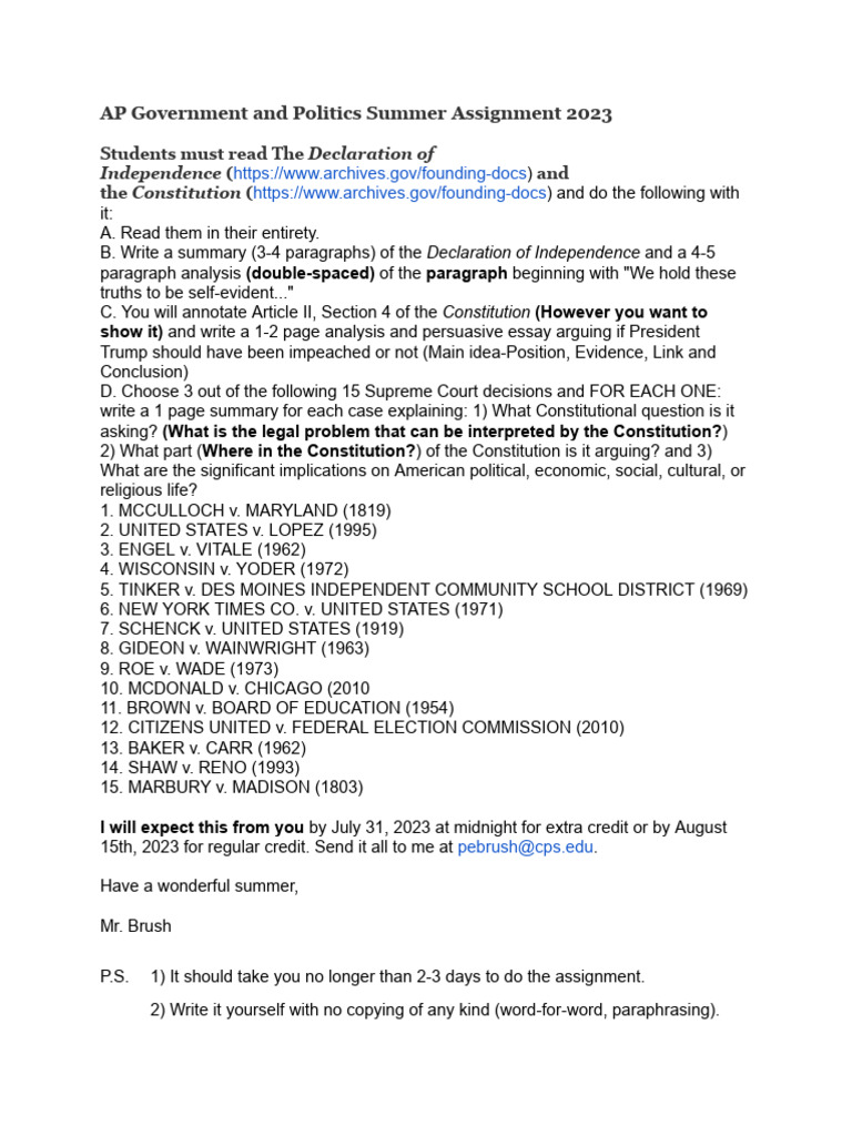 AP Gov Summer Assignment 2023 | PDF
