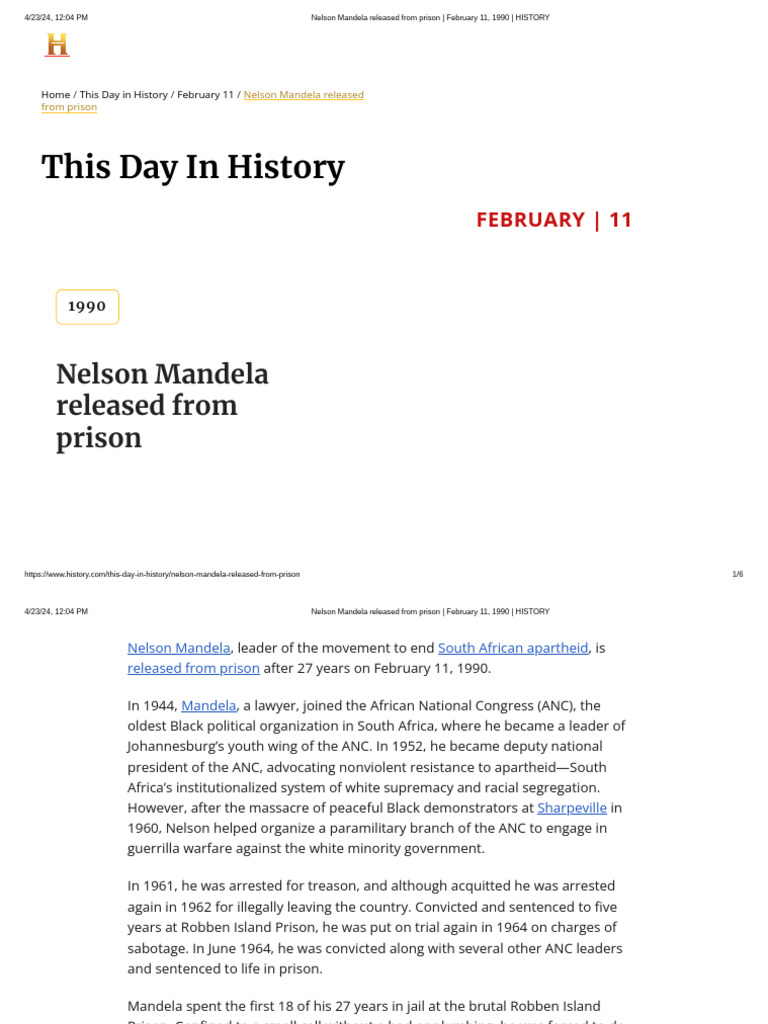 Mandela's Prison Release: February 11, 1990 | PDF | Nelson Mandela ...