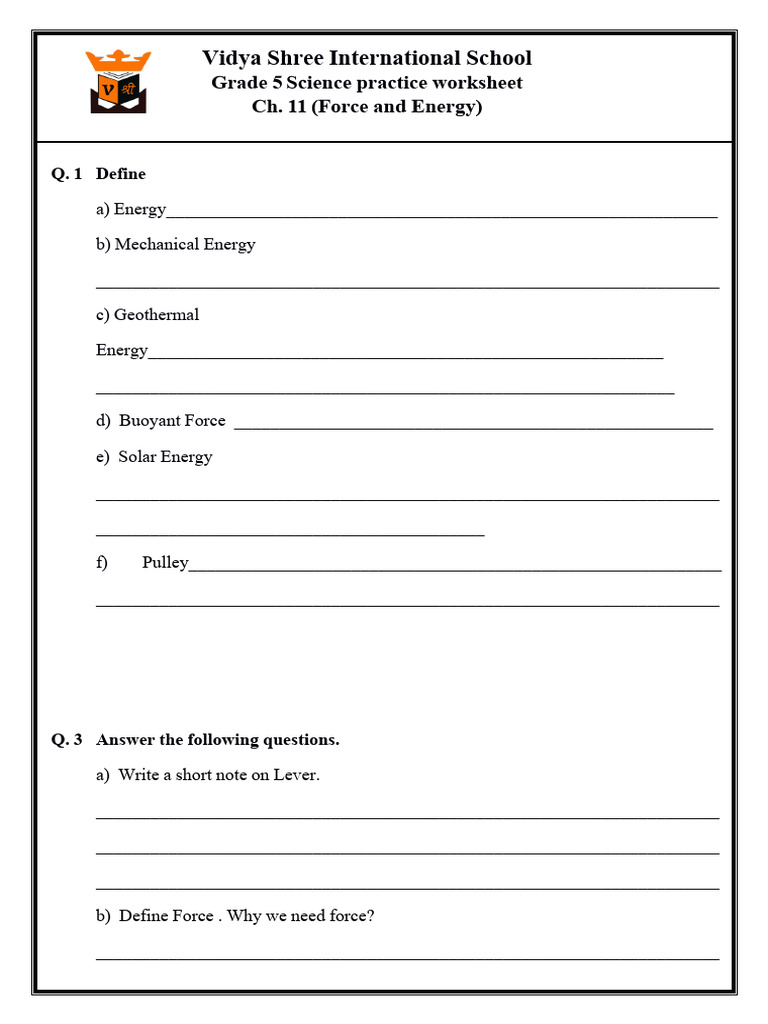 Grade 5 Science: Force and Energy Worksheet | PDF