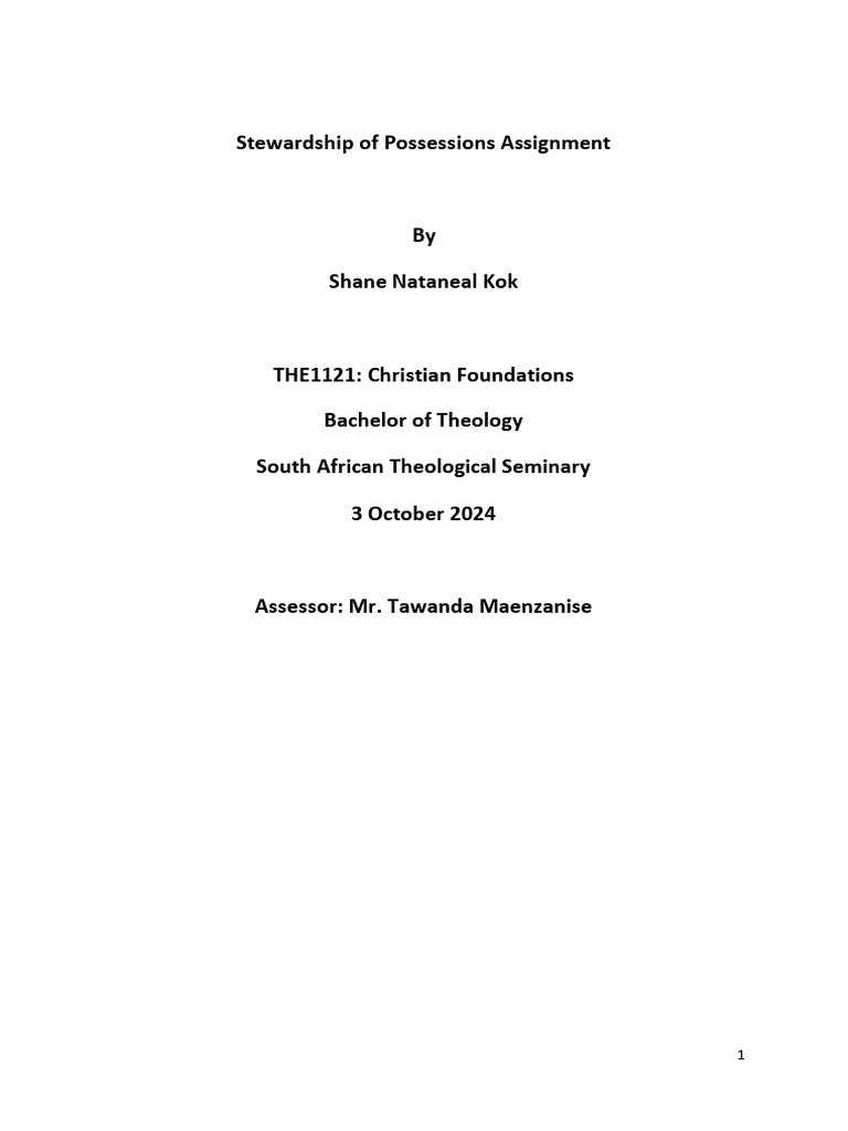 Stewardship of Possessions - Assignment - Shane Kok | PDF | Tithe | Generosity