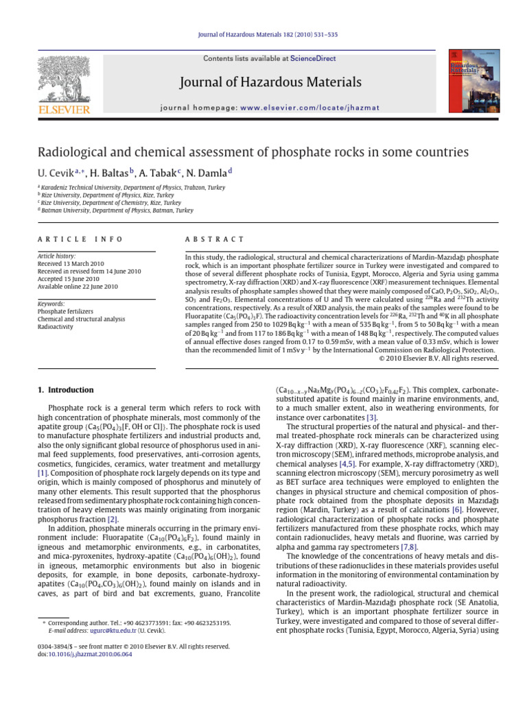 Radiological and Chemical Assessment of Phosphate Rocks in Some ...