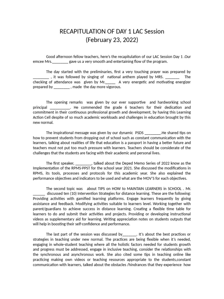 RECAPITULATION OF DAY 1 LAC G6 | PDF | Learning | Distance Education