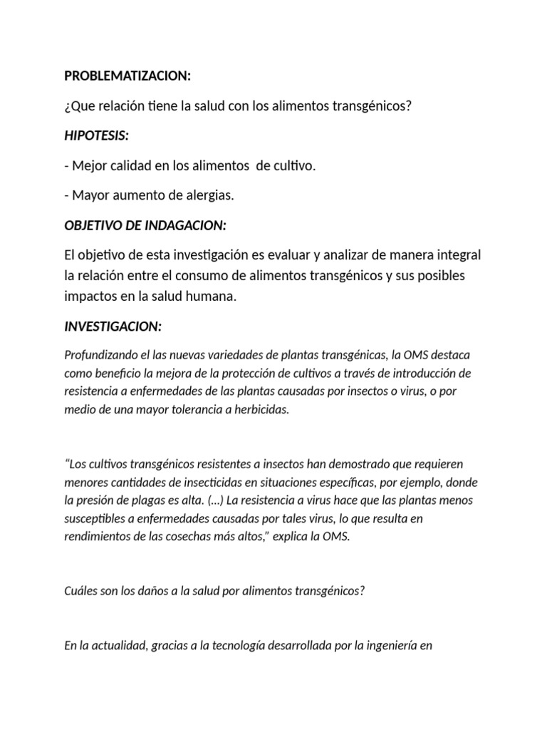 Salud y Alimentos Transgénicos: Riesgos y Beneficios | PDF