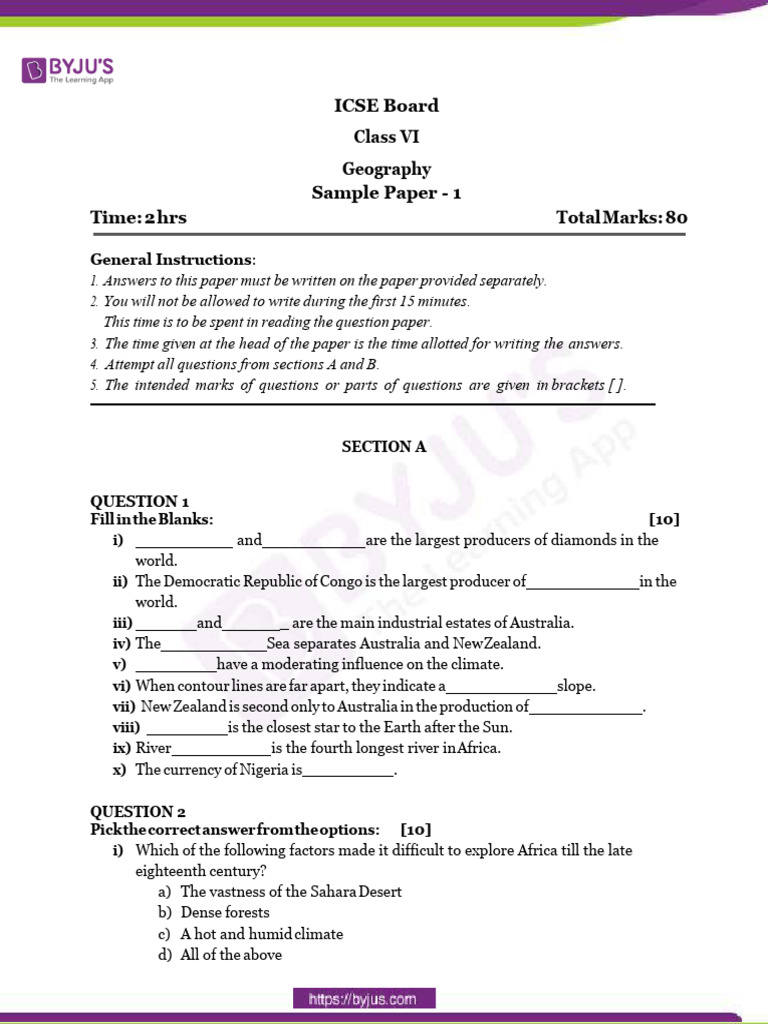 ICSE Class 6 Geography Sample Paper Set 1 | PDF | Earth | Africa