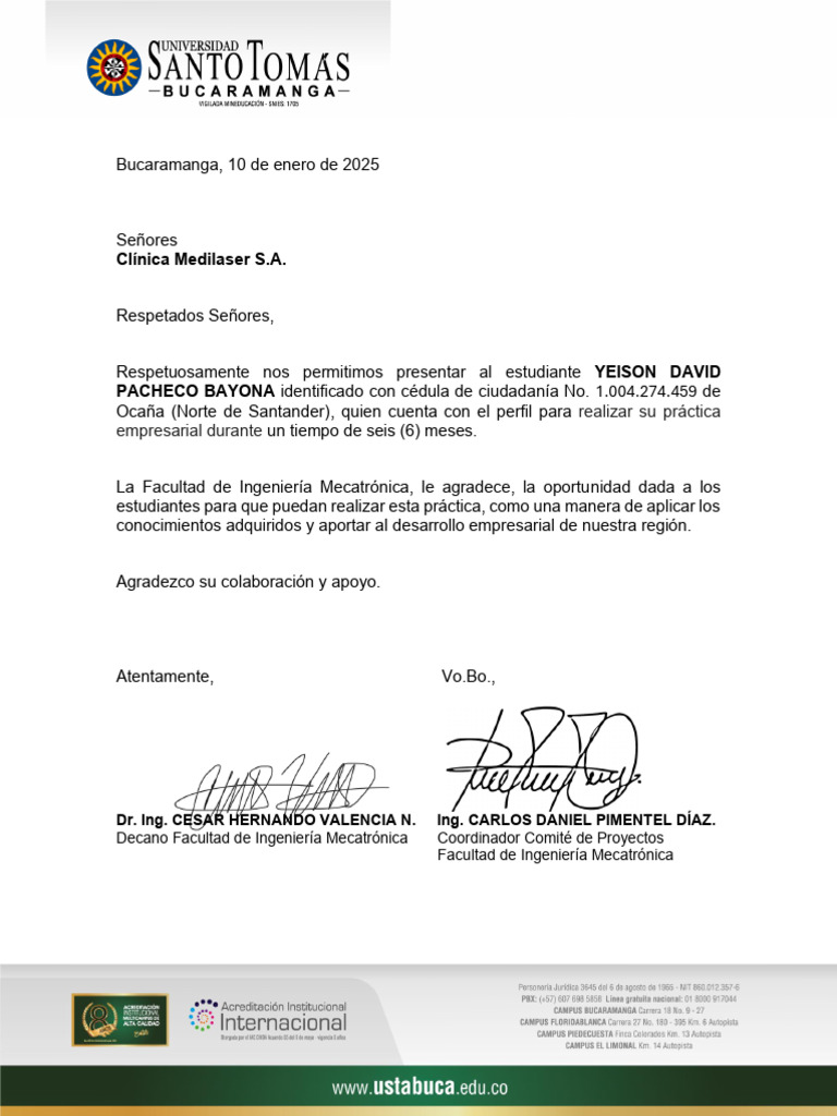 Carta Presentacion - Yeison David Pacheco Bayona-1 | PDF