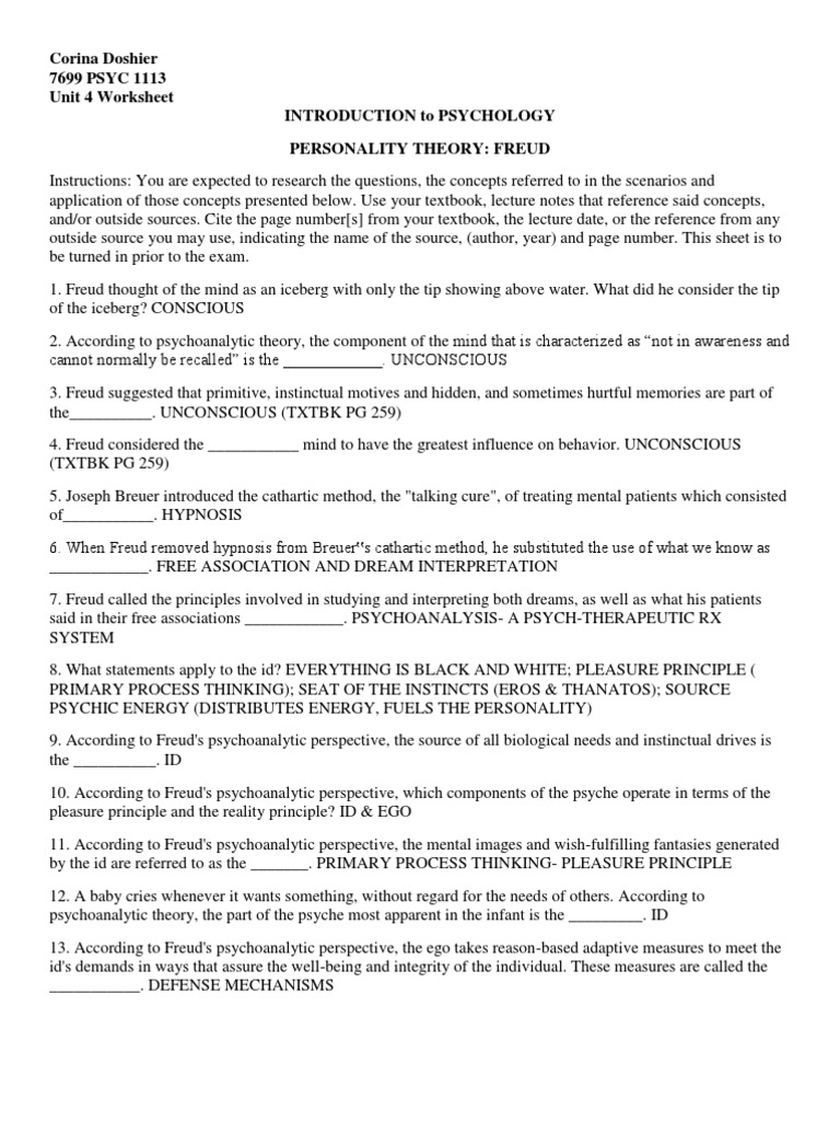 Unit 4 Worksheet-1 | PDF | Id | Psychoanalysis
