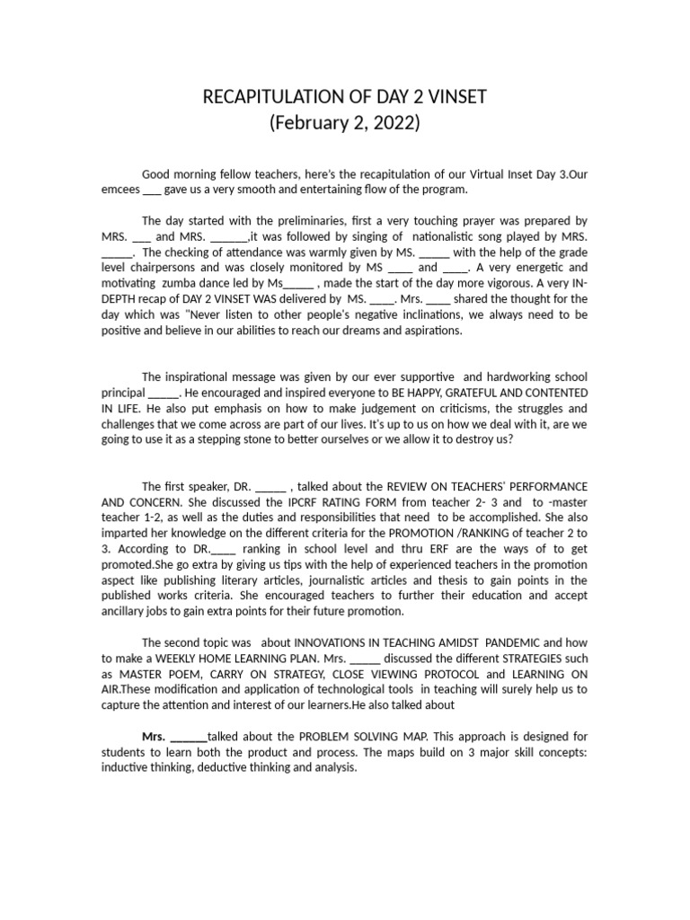 Recapitulation of Day 2 Vinset | PDF | Learning | Teachers