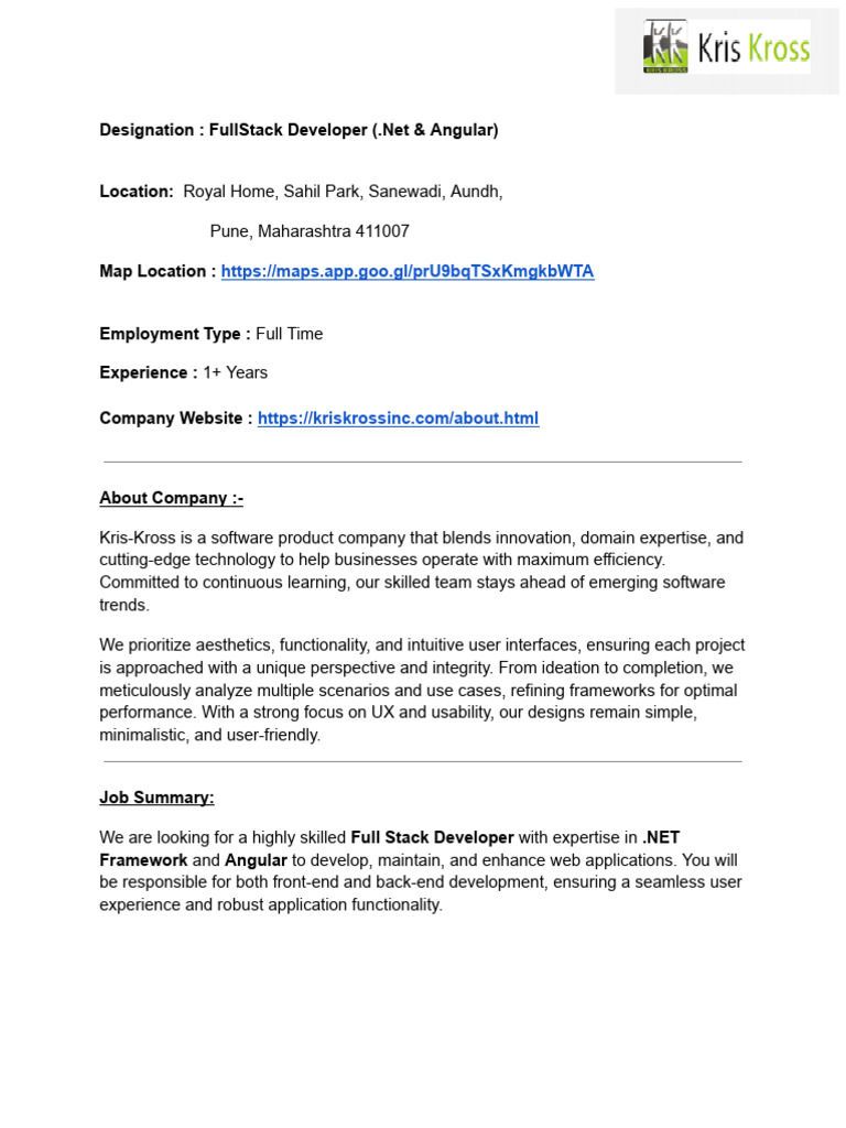 FullStack Developer (Angular & .Net) - Kriss - Kross - JD | PDF ...