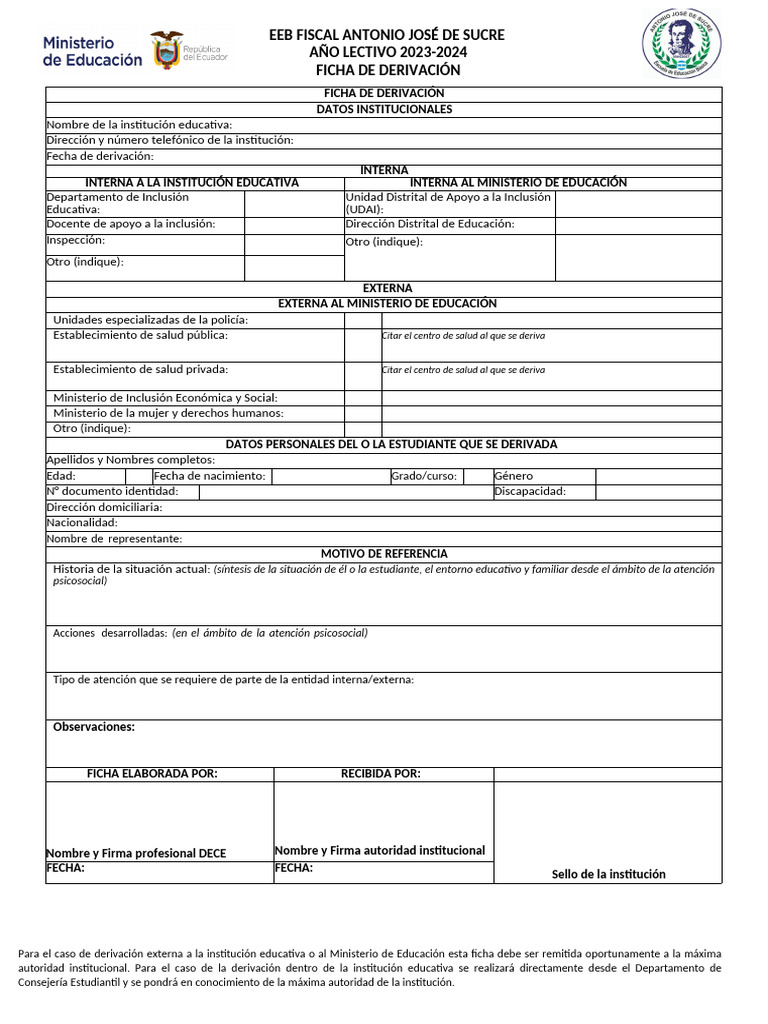 5 Ficha de Derivación Al MSP Dece | PDF | Institución